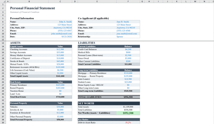 Free Personal Financial Statement for Excel | Shortcut