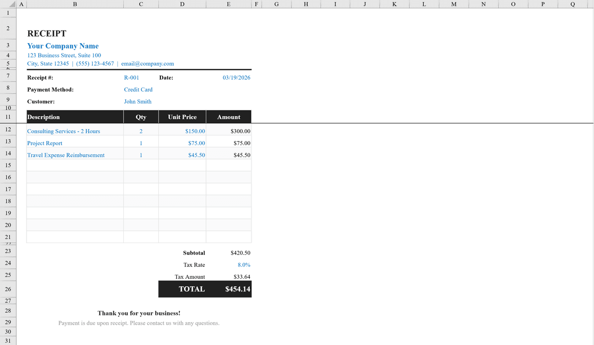Free Receipt Template for Excel | Shortcut