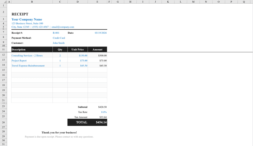 Free Receipt Template for Excel | Shortcut