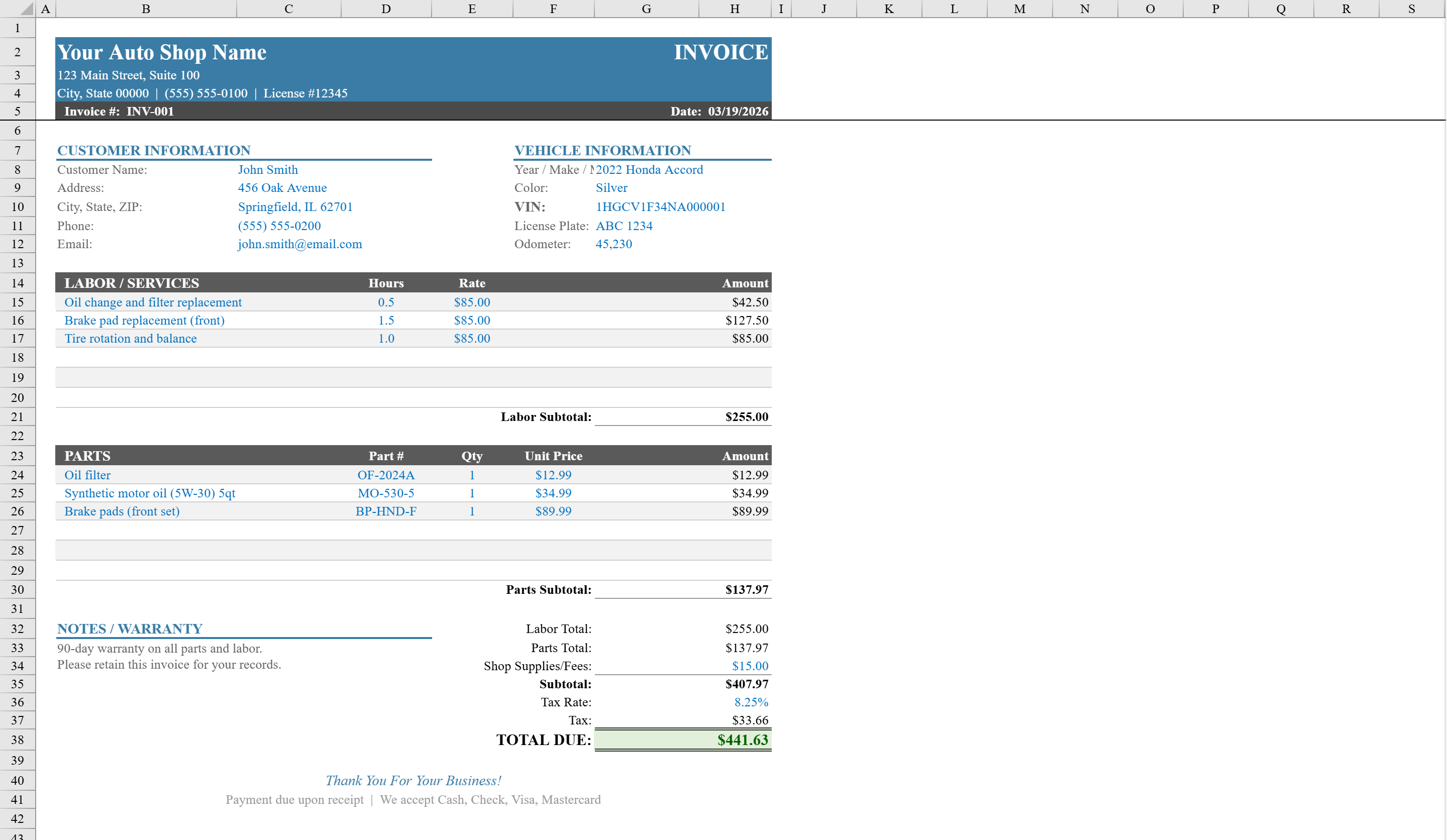 Free Auto Repair Invoice Template for Excel | Shortcut