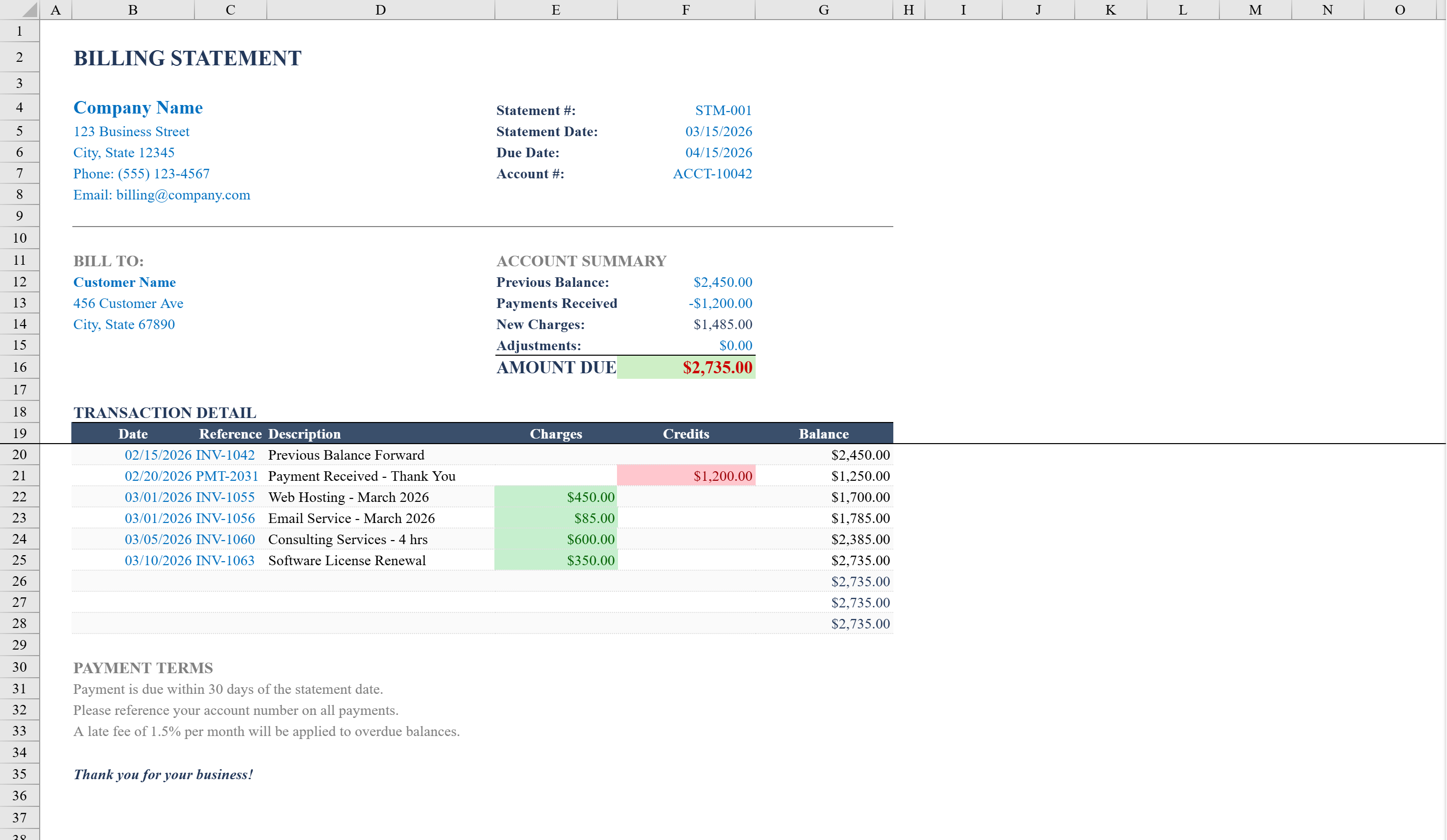 Free Billing Statement Template for Excel | Shortcut