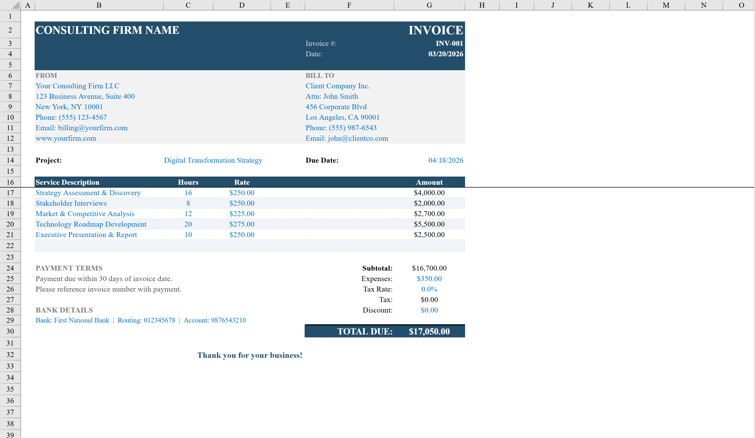 Free Consulting Invoice Template for Excel | Shortcut