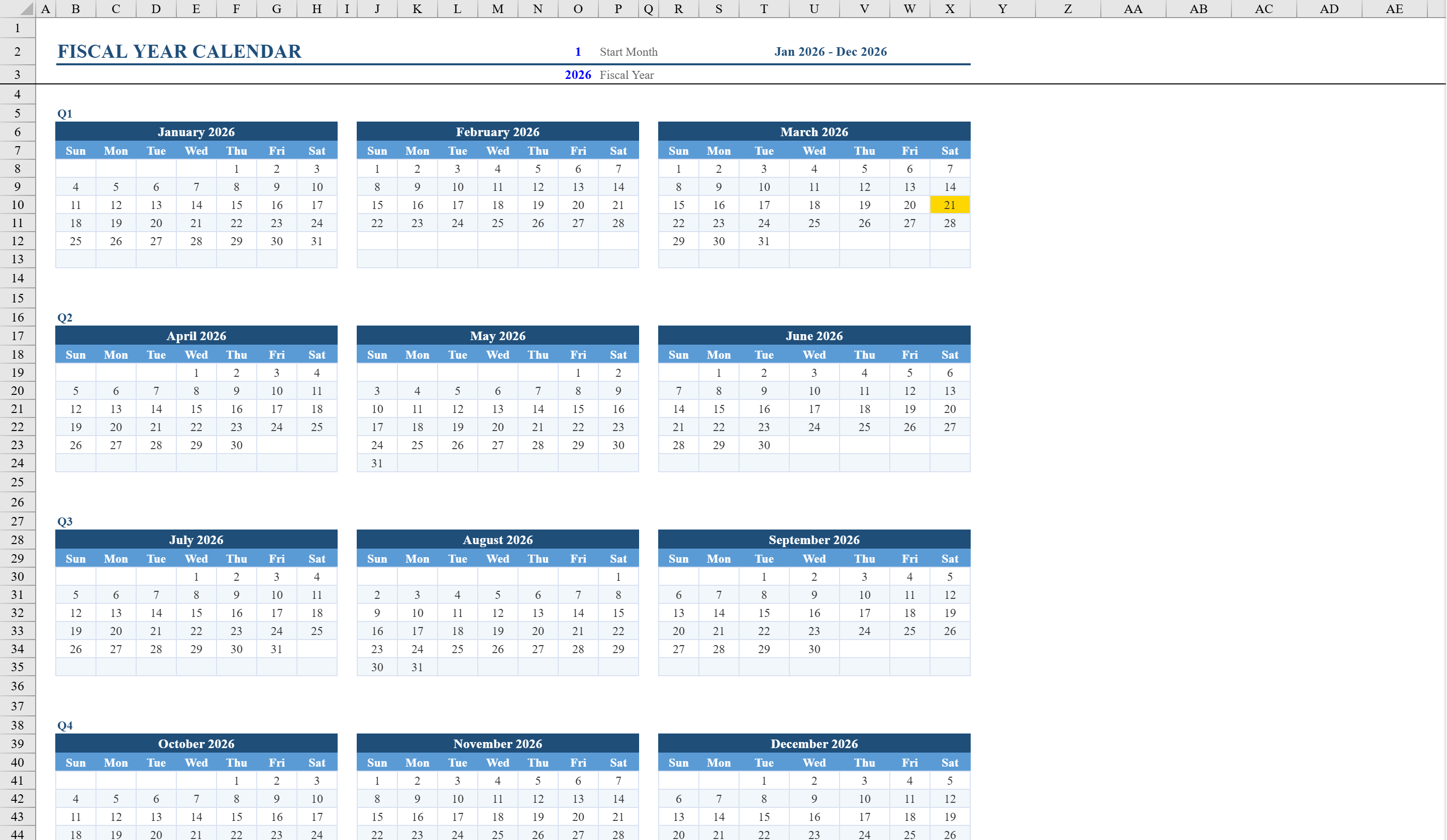 Free Fiscal Year Calendar Template for Excel | Shortcut