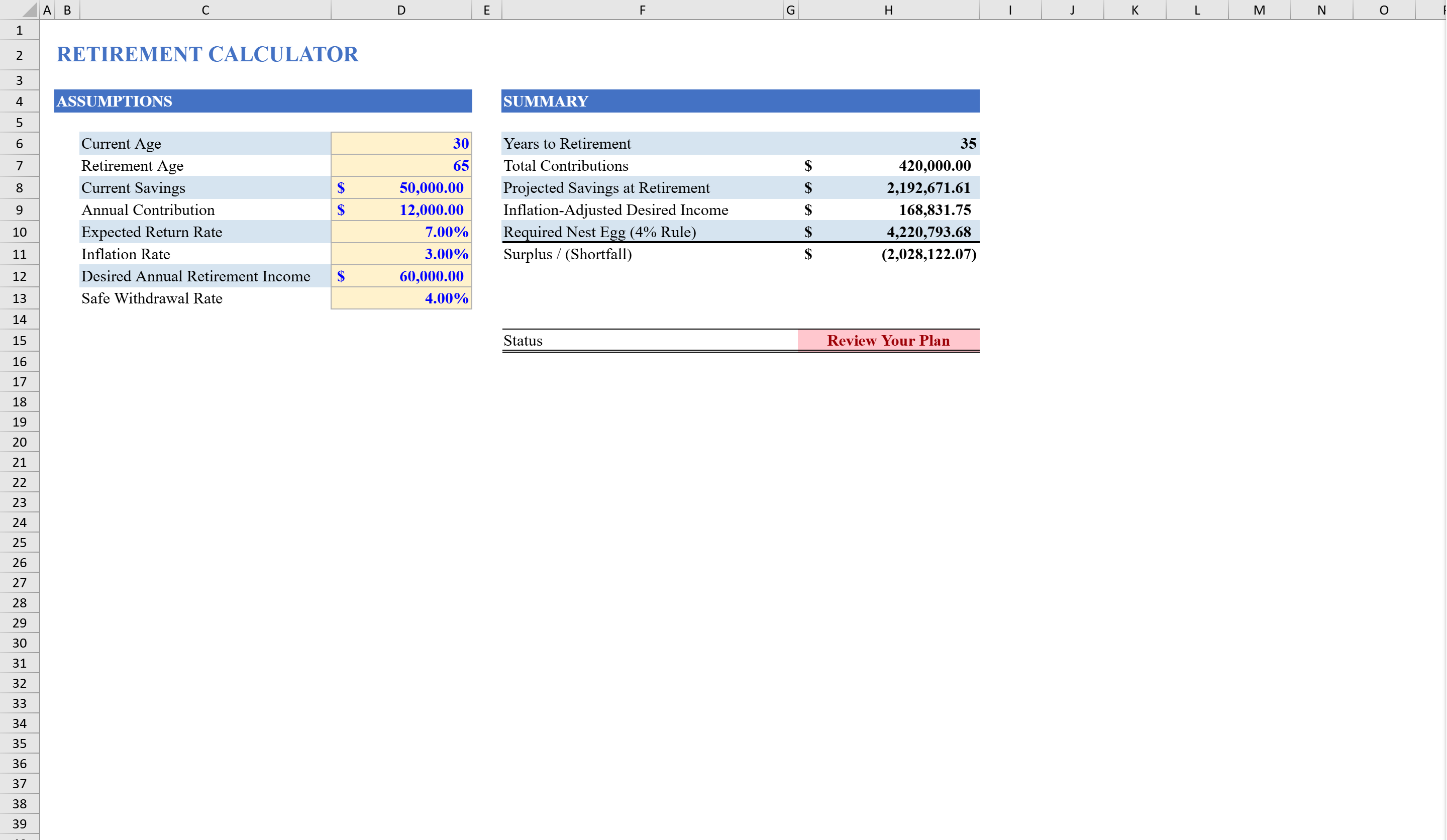 Free Retirement Calculator for Excel | Shortcut