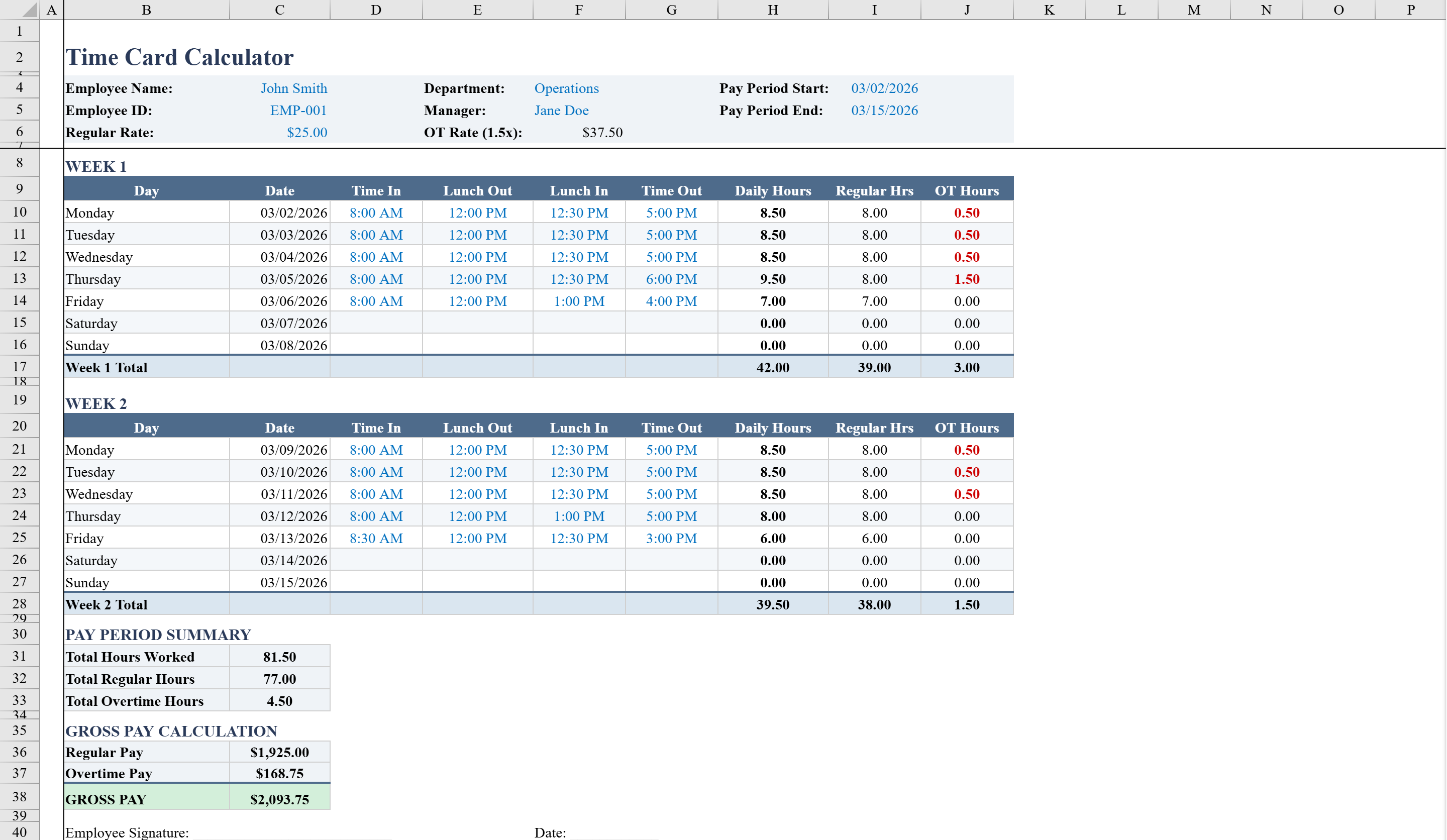 Free Time Card Calculator for Excel | Shortcut